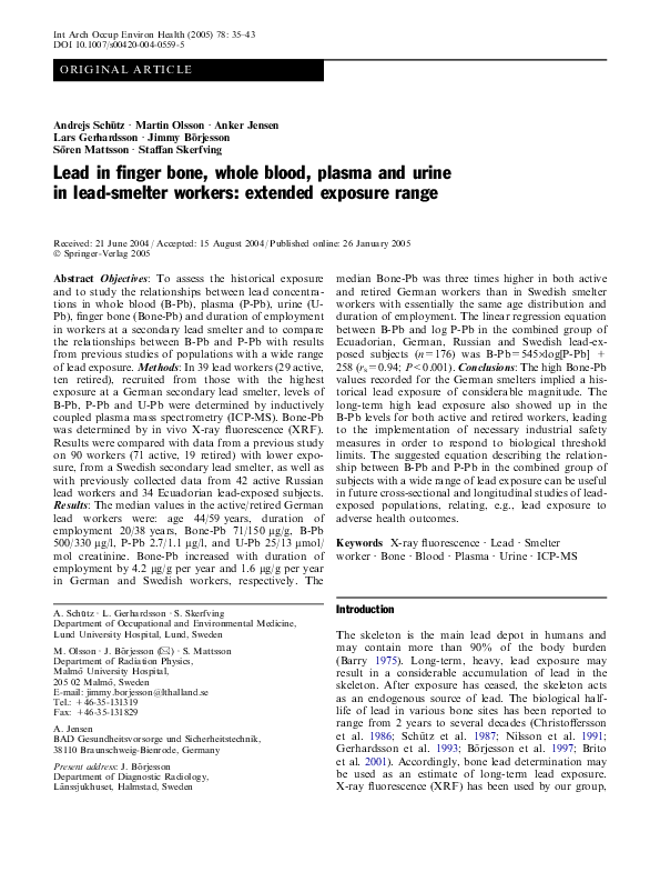 (PDF) Lead in finger bone, whole blood, plasma and urine in lead ...
