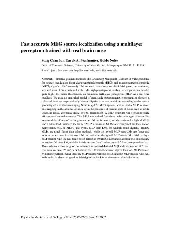 Pdf Fast Accurate Meg Source Localization Using A Multilayer Perceptron Trained With Real