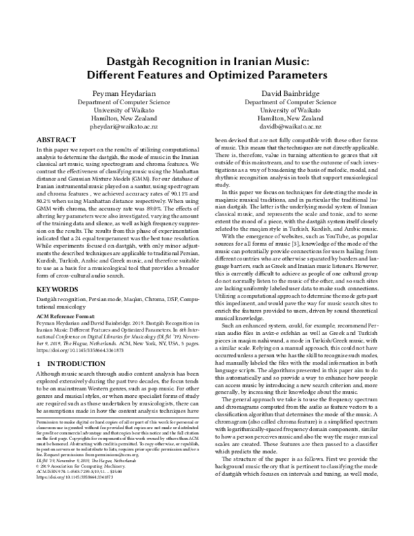 (PDF) Dastgàh Recognition in Iranian Music: Different Features and ...