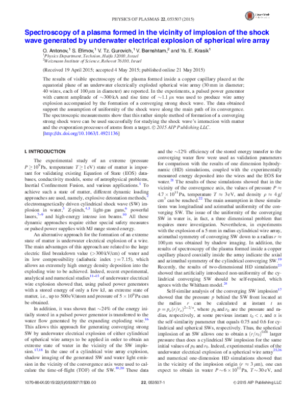 (PDF) Spectroscopy of a plasma formed in the vicinity of implosion of the shock wave generated ...