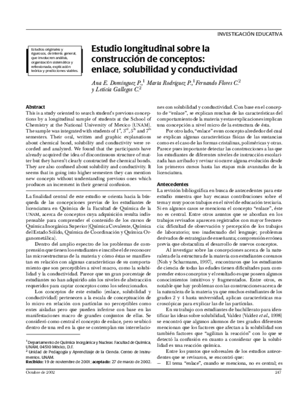 (PDF) Estudio longitudinal sobre la construcción de conceptos Enlace, solubilidad y conductividad