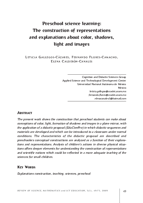(PDF) Preschool science learning: The construction of representations and explanations about ...