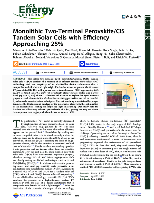 (PDF) Monolithic Two-Terminal Perovskite/CIS Tandem Solar Cells with Efficiency Approaching 25%