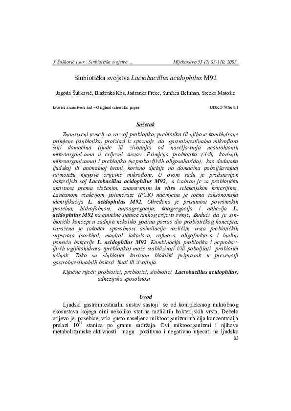 (PDF) Sinbiotička svojstva Lactobacillus acidophilus M92 | Jadranka ...