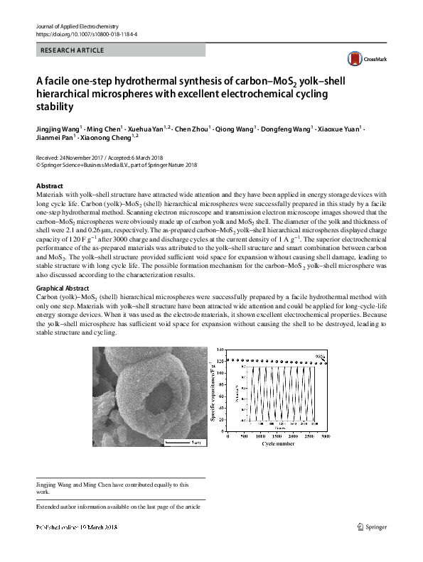 (PDF) A facile one-step hydrothermal synthesis of carbon–MoS2 yolk–shell hierarchical ...