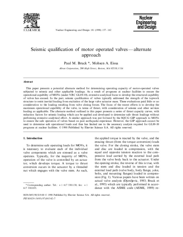 (PDF) Seismic qualification of motor operated valves—alternate approach