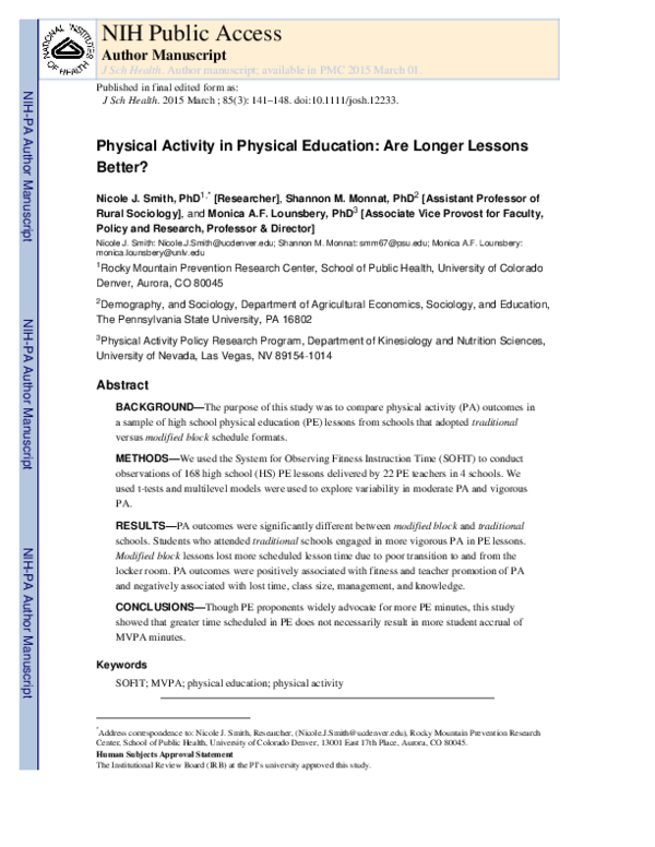 (PDF) Physical activity in physical education: are longer lessons better?