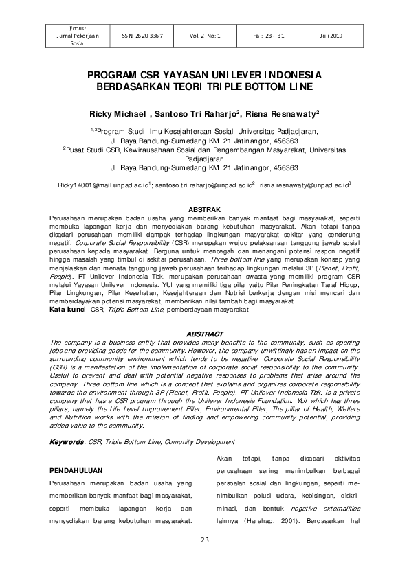 (PDF) Program CSR Yayasan Unilever Indonesia Berdasarkan Teori Triple ...