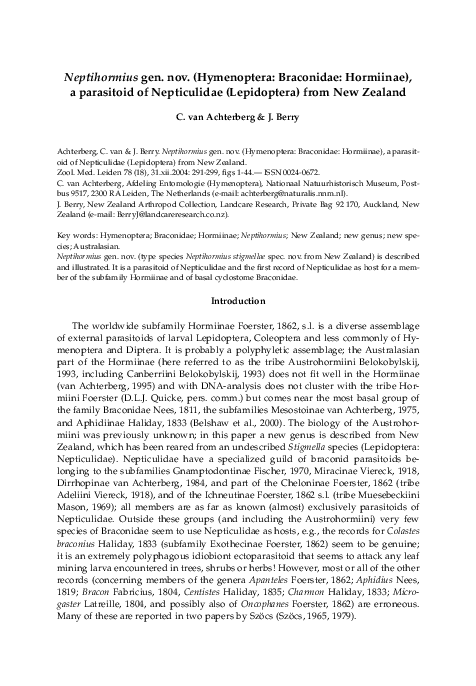 (PDF) Neptihormius gen. nov. (Hymenoptera: Braconidae: Hormiinae), a ...