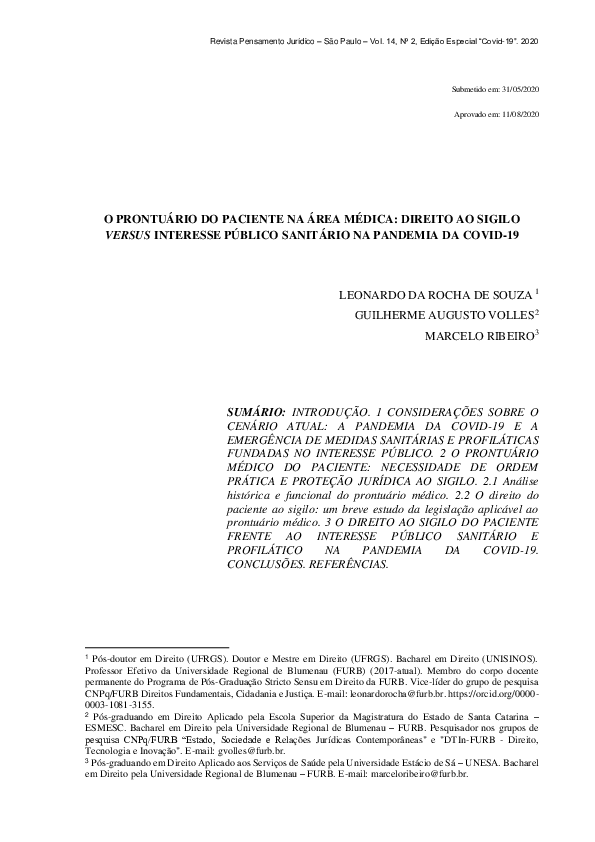 (PDF) O PRONTUÁRIO DO PACIENTE NA ÁREA MÉDICA: DIREITO AO SIGILO VERSUS ...