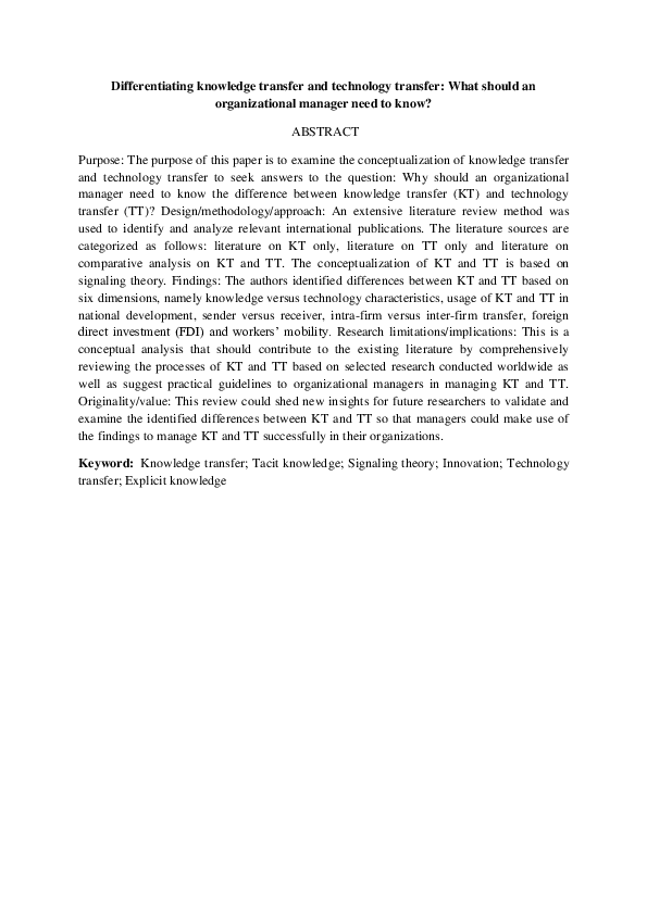 (PDF) Differentiating knowledge transfer and technology transfer