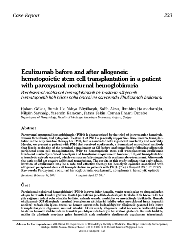 (PDF) Eculizumab before and after allogeneic hematopoietic stem cell ...