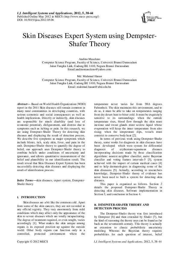 (PDF) Skin Diseases Expert System using Dempster-Shafer Theory (PDF) Skin Diseases Expert System using Dempster-Shafer Theory