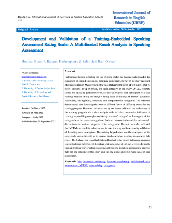 (PDF) Development and Validation of a Training-Embedded Speaking Assessment Rating Scale: A ...