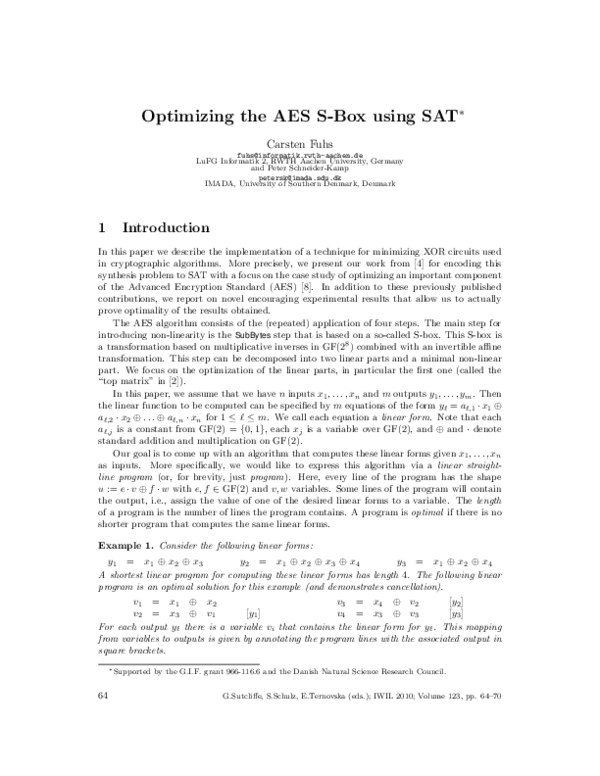 Pdf Optimizing The Aes S Box Using Sat