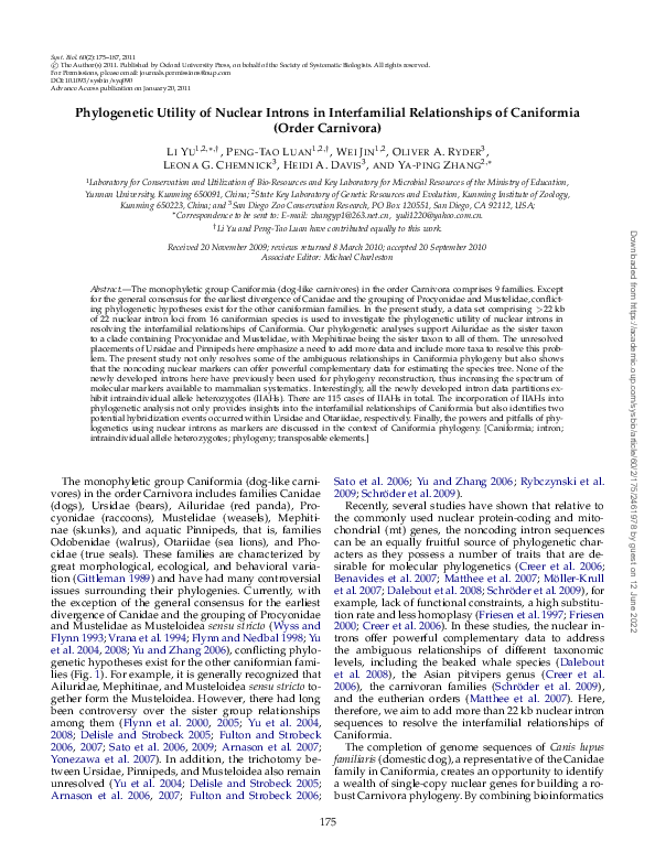 (PDF) Phylogenetic Utility of Nuclear Introns in Interfamilial ...