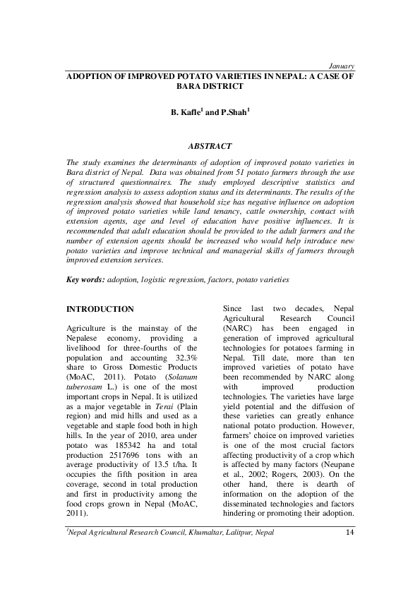 (PDF) Adoption Of Improved Potato Varieties In Nepal: A Case Of Bara District
