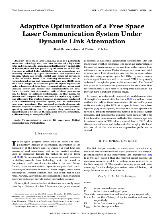 (PDF) Adaptive Optimization of a Free Space Laser Communication System Under Dynamic Link ...