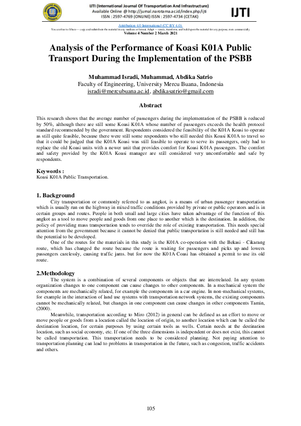 (PDF) Analysis of the Performance of Koasi K01A Public Transport During ...