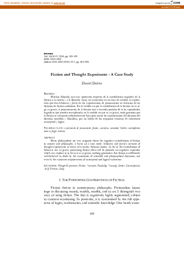 (PDF) Fiction and Thought Experiment - A Case Study