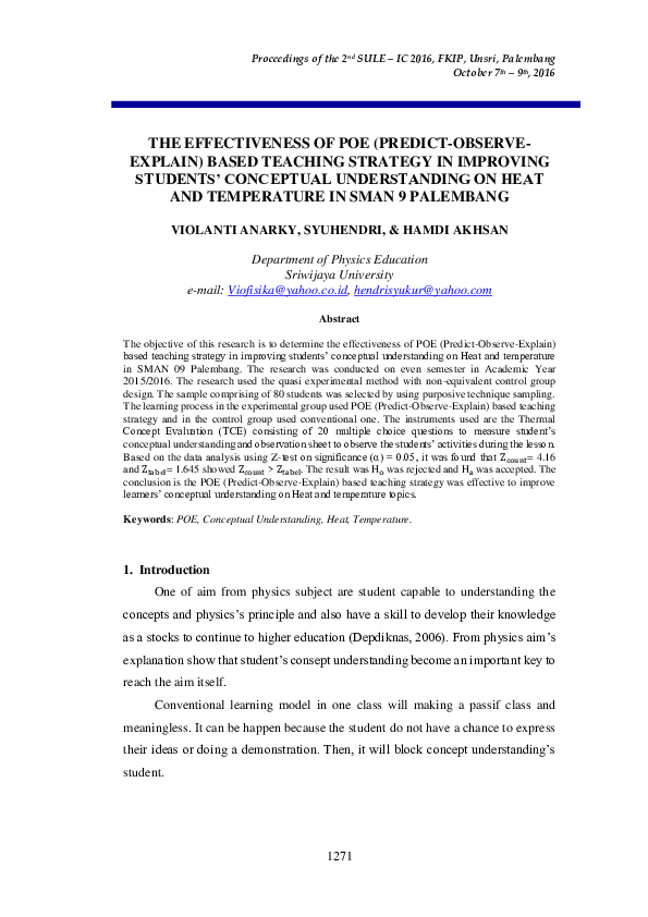 (PDF) The effectiveness of POE (Predict-Observe-Explain) based teaching strategy in improving ...