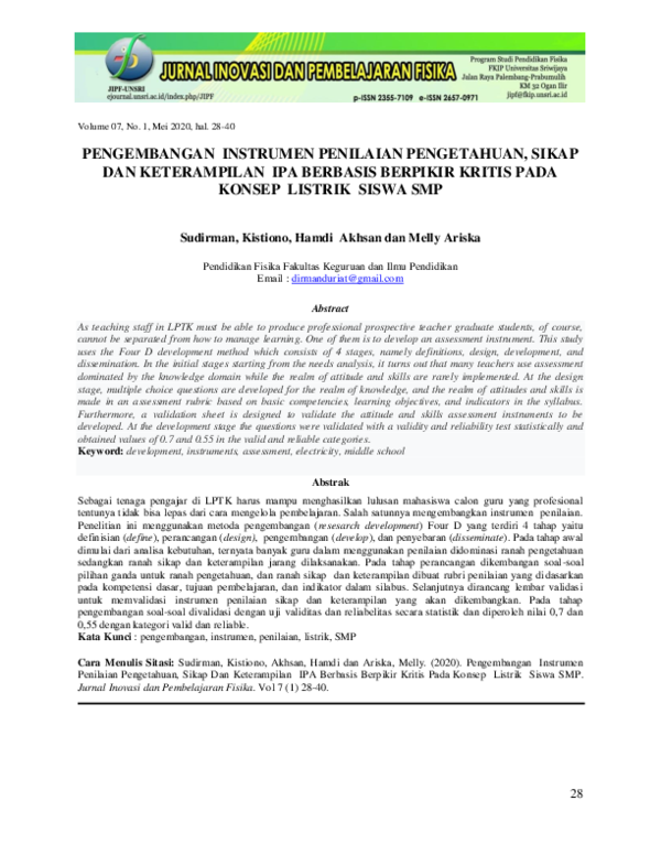 (PDF) Pengembangan Instrumen Penilaian Pengetahuan, Sikap Dan Keterampilan Ipa Berbasis Berpikir ...