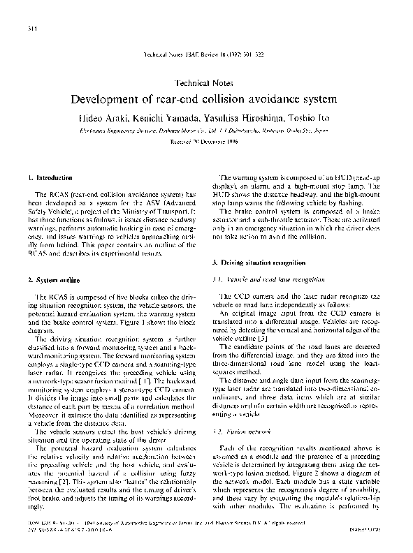 (PDF) Development of rear-end collision avoidance system