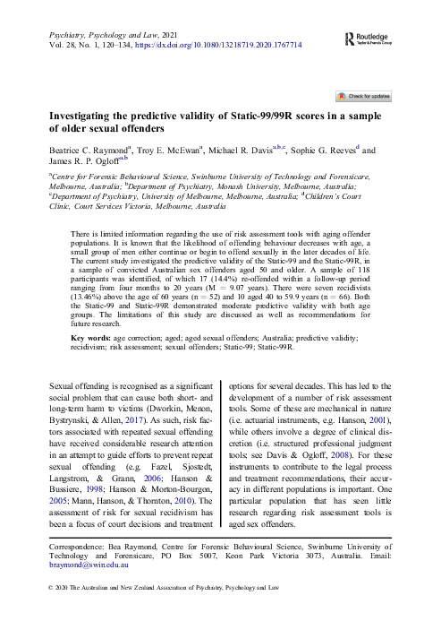 (PDF) Investigating the predictive validity of Static-99/99R scores in ...