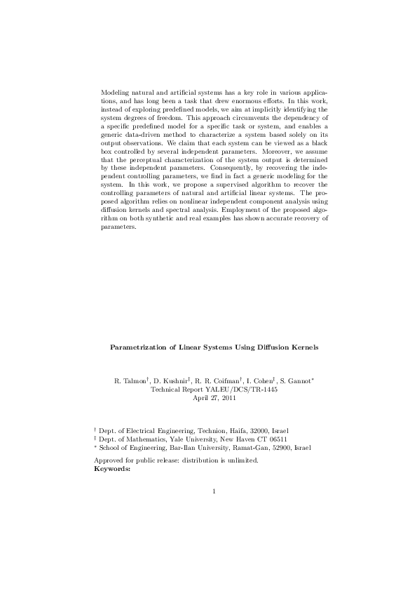 Pdf Parametrization Of Linear Systems Using Diffusion Kernels Ronald Coifman