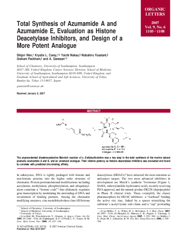 (PDF) Total Synthesis of Azumamide A and Azumamide E, Evaluation as Histone Deacetylase ...