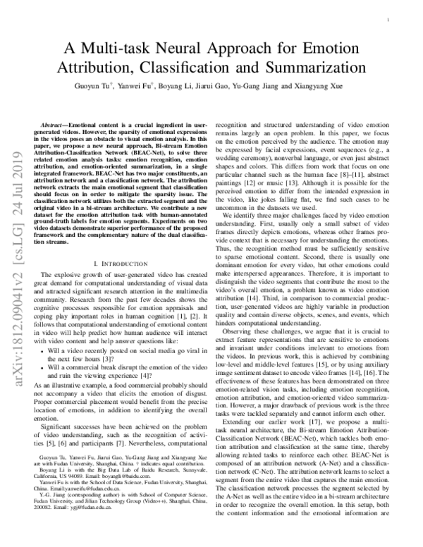 Pdf A Multi Task Neural Approach For Emotion Attribution Classification And Summarization