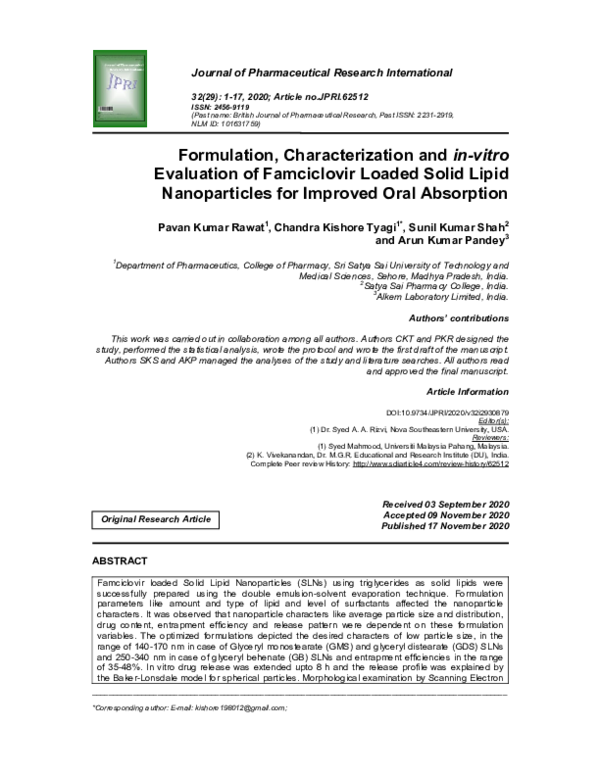 Pdf Formulation Characterization And In Vitro Evaluation Of Famciclovir Loaded Solid Lipid