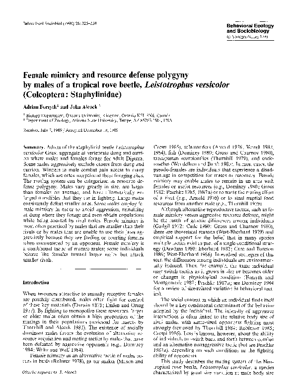 (PDF) Female mimicry and resource defense polygyny by males of a ...