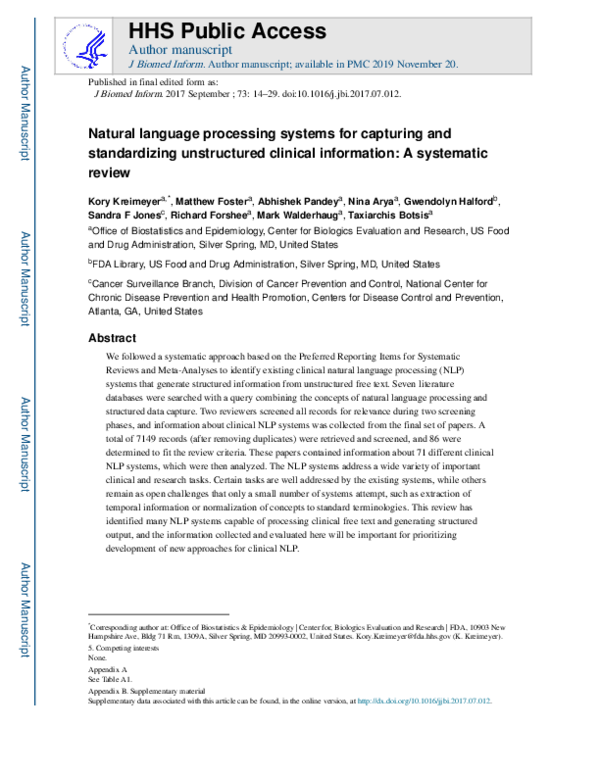 (PDF) Natural Language Processing Systems for Capturing and Standardizing Unstructured Clinical ...