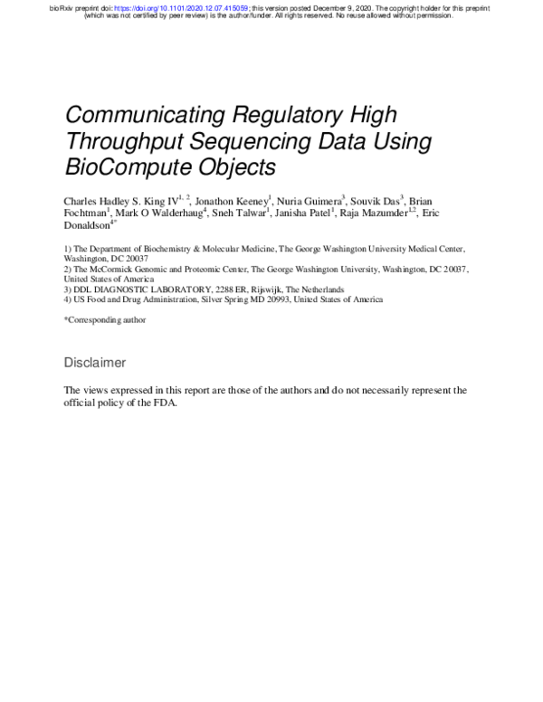 (PDF) Communicating Regulatory High Throughput Sequencing Data Using BioCompute Objects