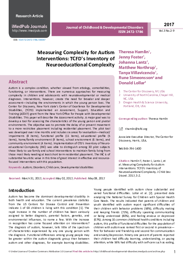 (PDF) Measuring Complexity for Autism Interventions: Tcfd’s Inventory of Neuroeducational Complexity