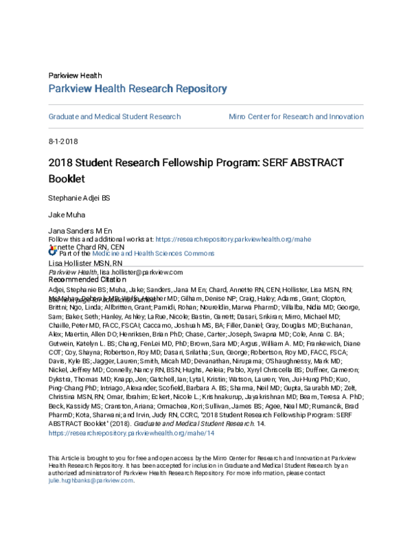 (PDF) 2018 Student Research Fellowship Program: SERF ABSTRACT Booklet