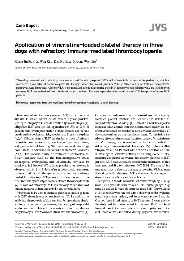 (PDF) Application of vincristine-loaded platelet therapy in three dogs ...