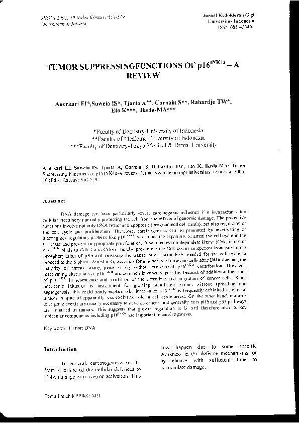 (PDF) TUMOR SUPPRESSING FUNCTIONS OF p16INK4a - A REVIEW