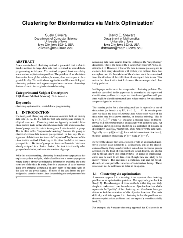 (PDF) Matrix Optimization for Bioinformatics Clustering