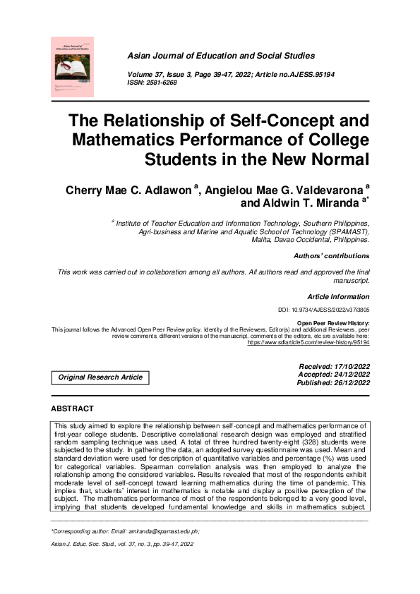 (PDF) The Relationship of Self-Concept and Mathematics Performance of ...