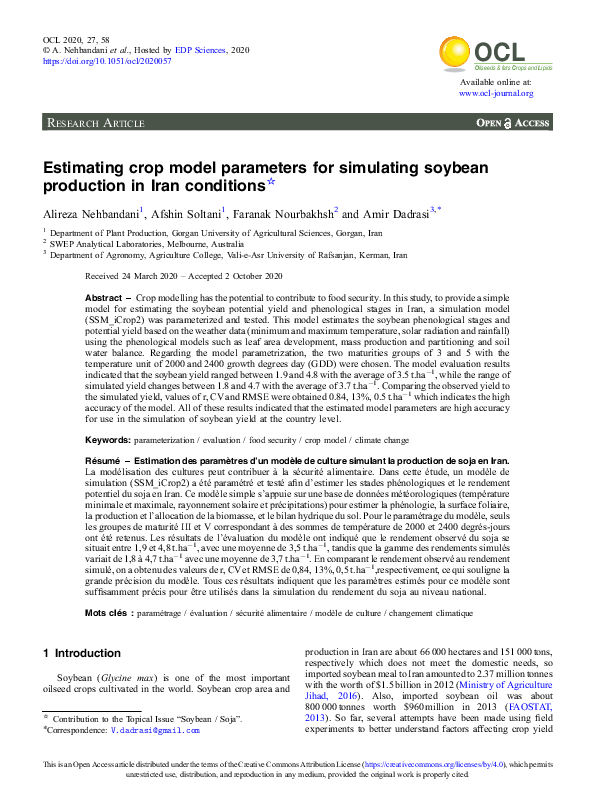 (PDF) Estimating crop model parameters for simulating soybean production in Iran conditions