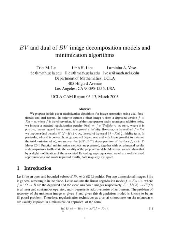 (PDF) BV and dual of BV image decomposition models and minimization algorithms | Le Thi Ngoc ...