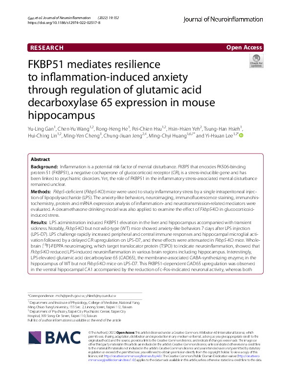 (PDF) FKBP51 mediates resilience to inflammation-induced anxiety ...