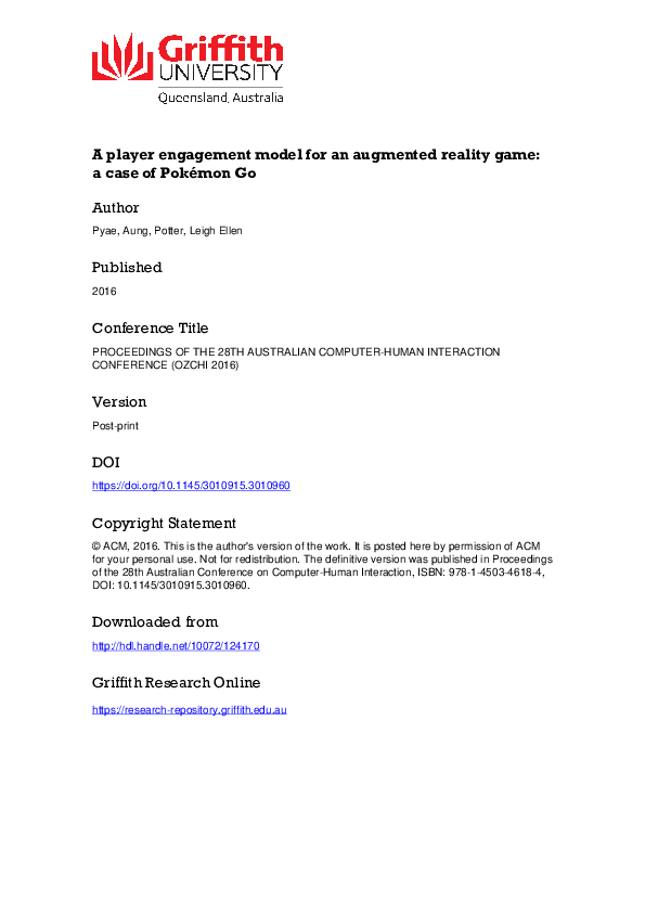 (PDF) A player engagement model for an augmented reality game