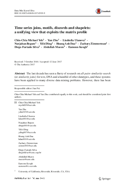 Pdf Time Series Joins Motifs Discords And Shapelets A Unifying View That Exploits The