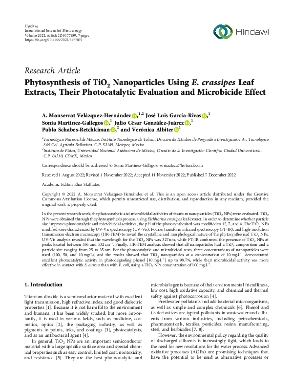 Pdf Phytosynthesis Of Tio2 Nanoparticles Using E Crassipes Leaf Extracts Their
