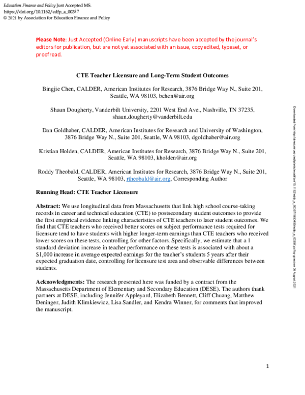 (PDF) CTE Teacher Licensure and Long-Term Student Outcomes