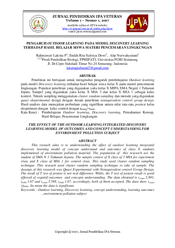(PDF) Pengaruh Pembelajaran Outdoor Learning Pada Model Discovery Learning Terhadap Hasil ...