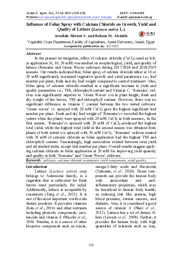 (PDF) Influence of Foliar Spray with Calcium Chloride on Growth, Yield ...
